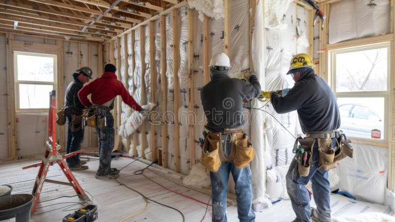 A Group of Workers Installing Insulation and Wiring into a ...
