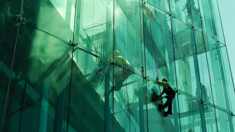 A Group of Workers Meticulously Assembling the Intricate Glass Facade ...