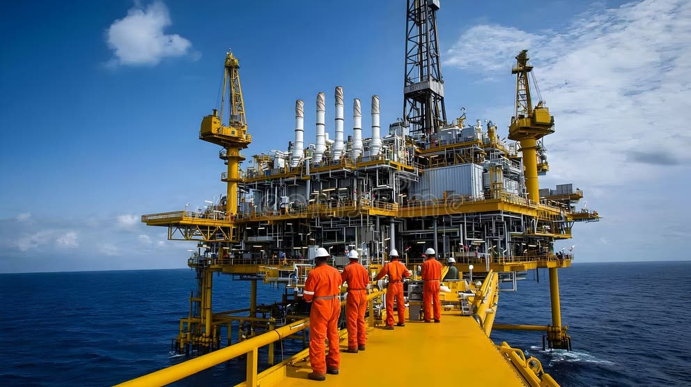 Offshore Oil Rig Platform with Workers in Orange Jumpsuits in the Ocean ...