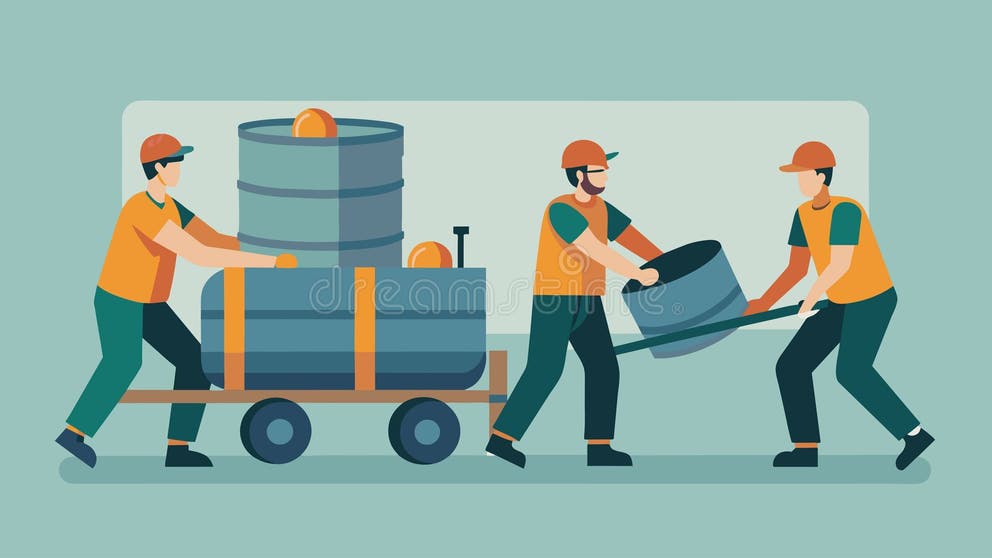 A Group of Workers Pushing and Pulling Metal Barrels of Different Sizes ...
