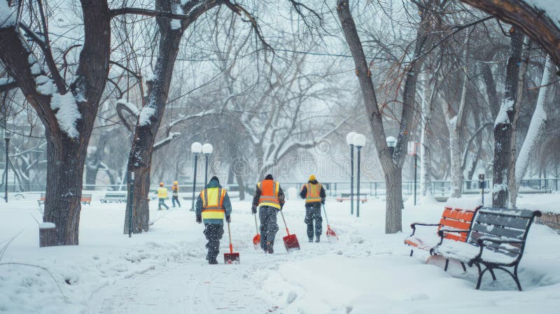 Group of Workers in Reflective Vests Shoveling Snow in a Winter Park ...