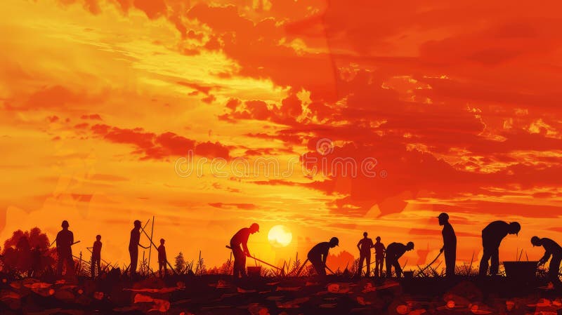 Silhouettes of Workers at Sunset a Group of Workers are Silhouetted ...