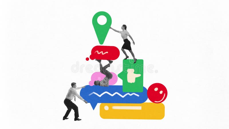 Group of Workers Stacking Digital Symbols, Including Hashtags, Profile ...