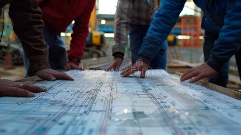 A Group of Workers Stand Over a Large Blueprint Discussing Plans and ...