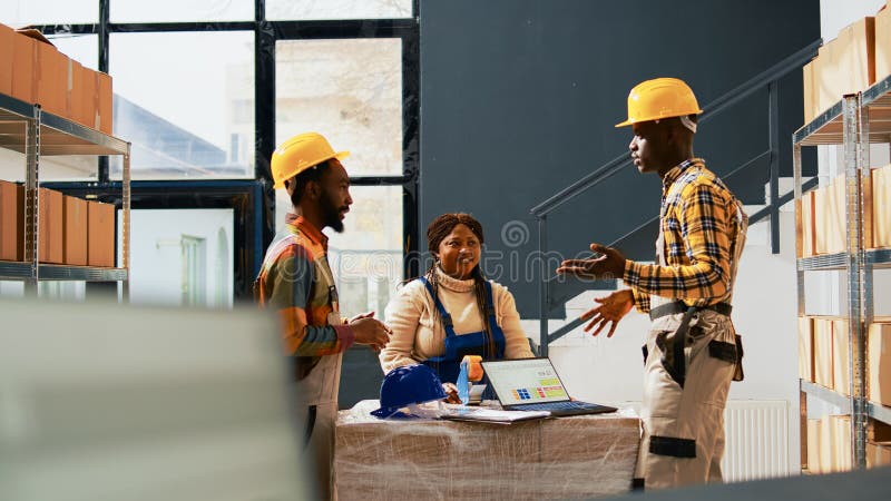 Group of Workers Talking about Products and Distribution Stock Image ...