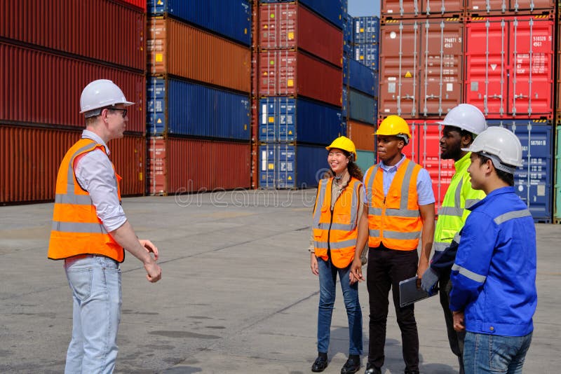 Group of Workers Teamwork at Logistics Terminal, Cargo Transportation ...
