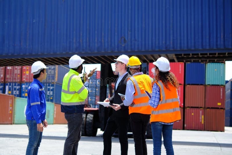 Group of Workers Teamwork at Logistics Terminal, Cargo Transportation ...
