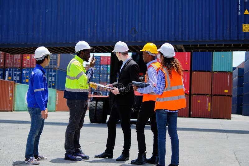 Group of Workers Teamwork at Logistics Terminal, Cargo Transportation ...