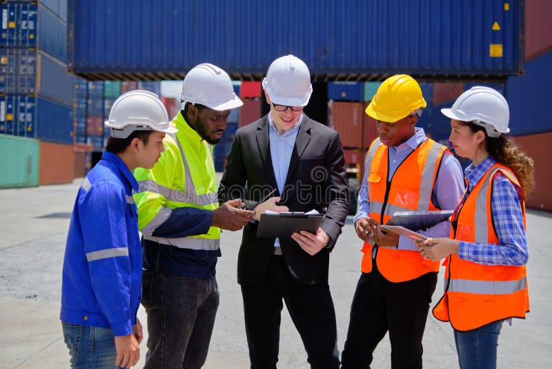 Group of Workers Teamwork at Logistics Terminal, Cargo Transportation ...