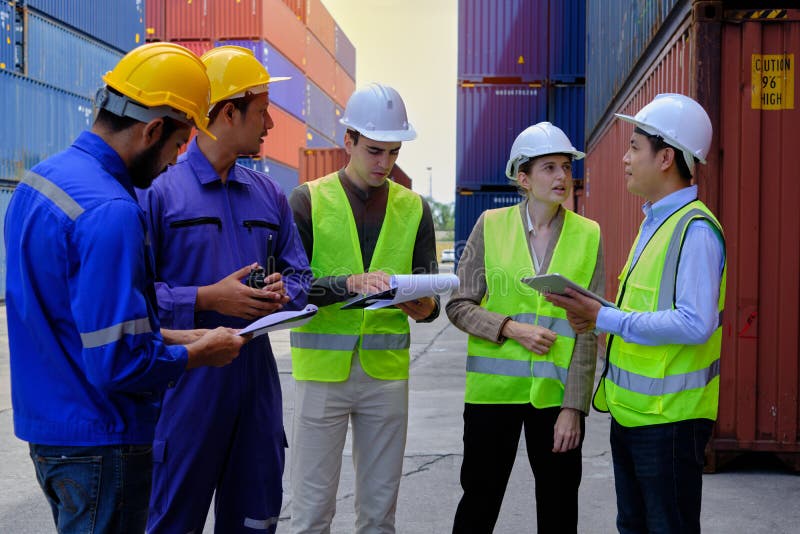 Group of Workers Teamwork at Logistics Terminal, Cargo Transportation ...