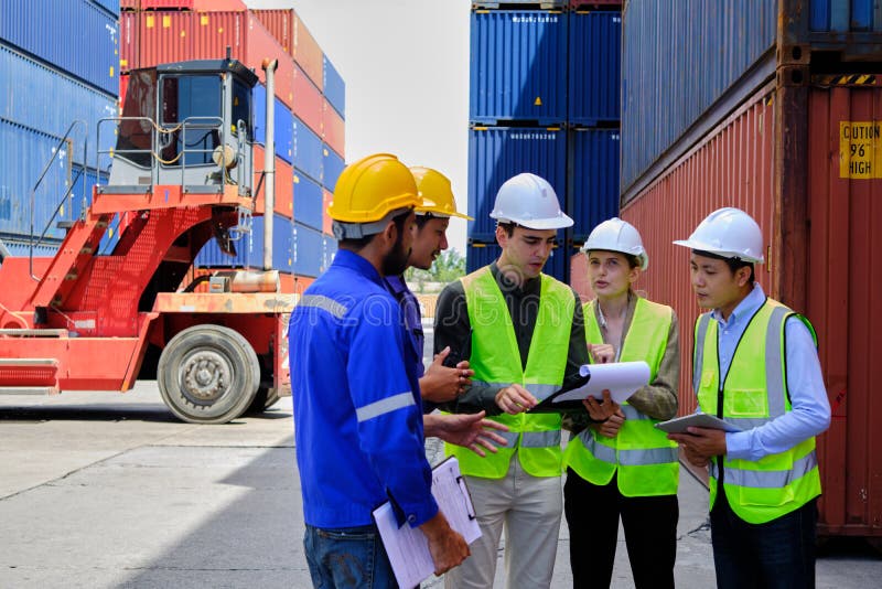 Group of Workers Teamwork at Logistics Terminal, Cargo Transportation ...