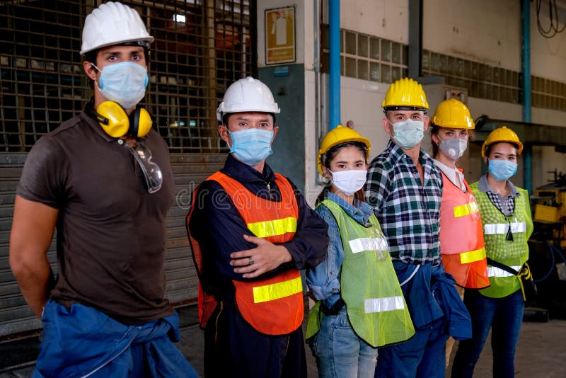 Group of Workers or Technician with Mask Stand and Look Right Side ...
