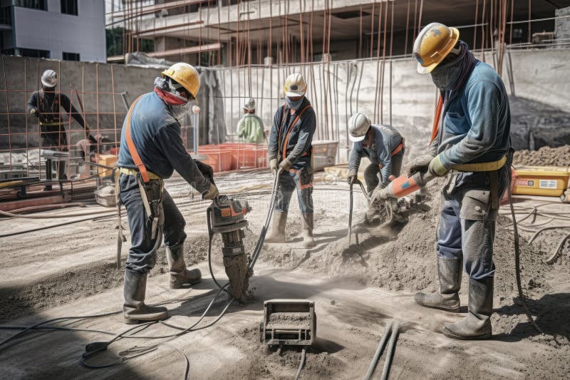 A Group of Workers Using a Pneumatic Drill To Break Concrete in a ...