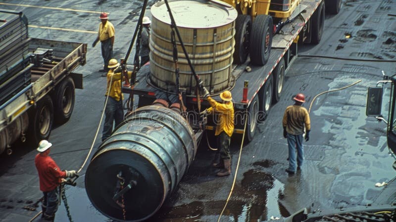 A Group of Workers Using a Winch To Lift a Large Oil Barrel from a ...