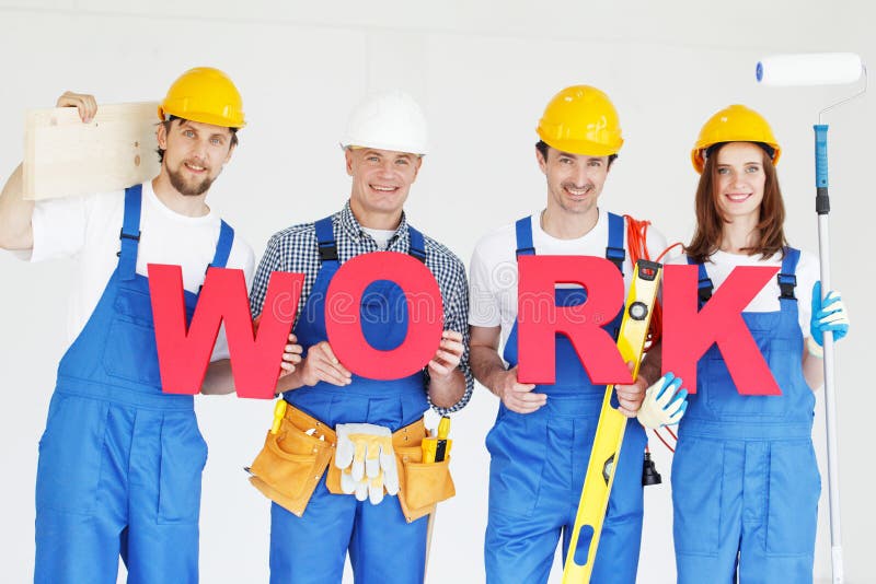Workmen with Word Work Outdoors Stock Image - Image of letter, industry ...