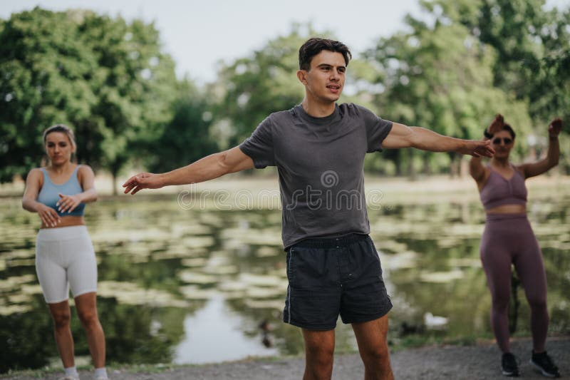 Group Workout Session in Park by Lake with Three Friends Practicing ...