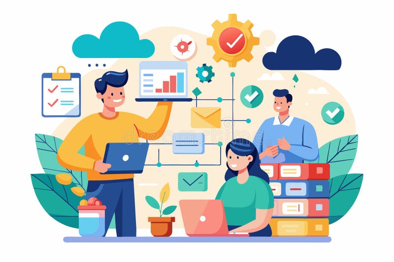 A Group Works Together Using Laptops and Charts To Customize Their ...