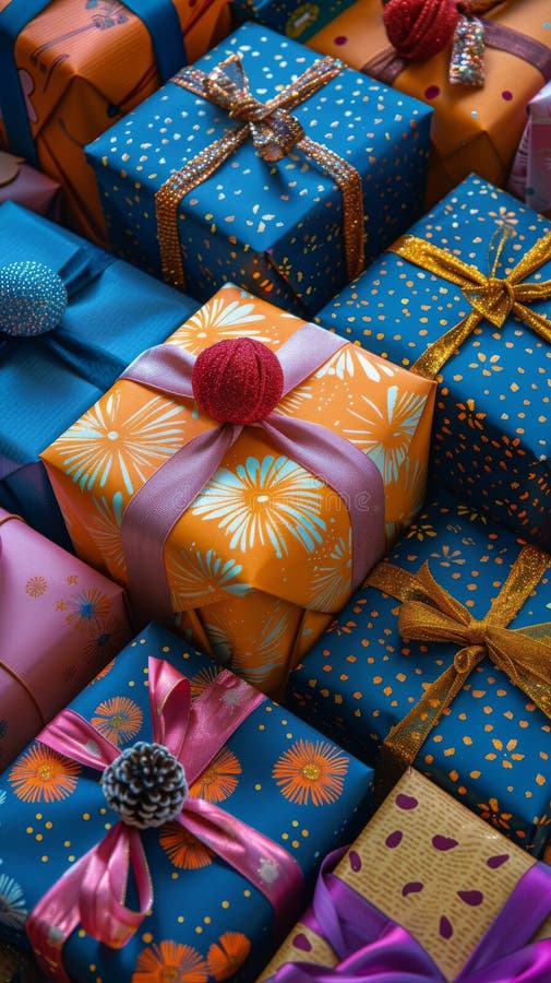 Group of Wrapped Presents Stacked Together Stock Photo - Image of ...