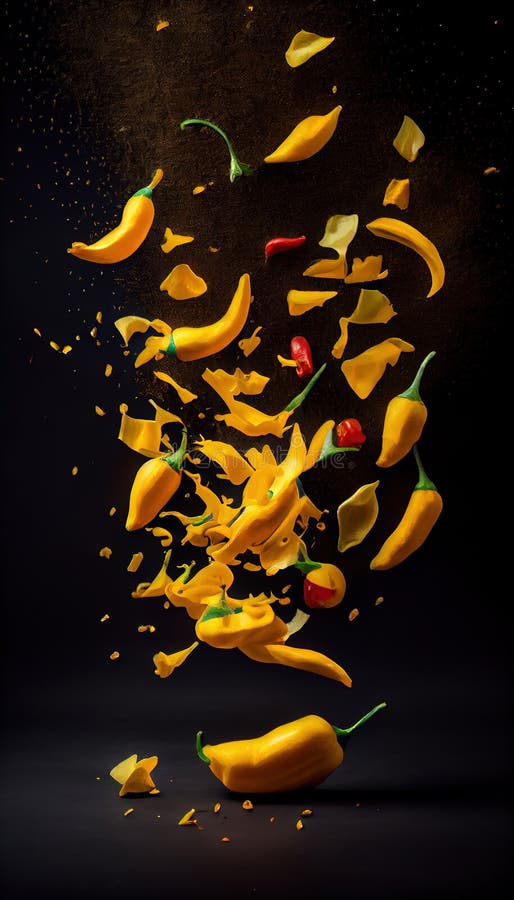 Group of Yellow Chillies Vegetable Creatively Falling-Dripping Flying ...