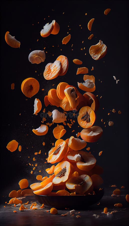 Group of Yellow Dry Apricots Fruit Creatively Falling-Dripping Flying ...