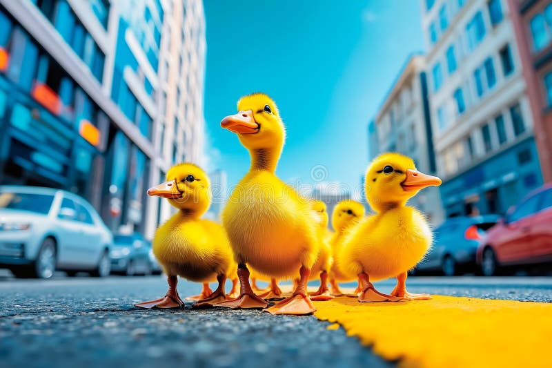 A Group of Yellow Ducks Standing in the Middle of a City Street Stock ...