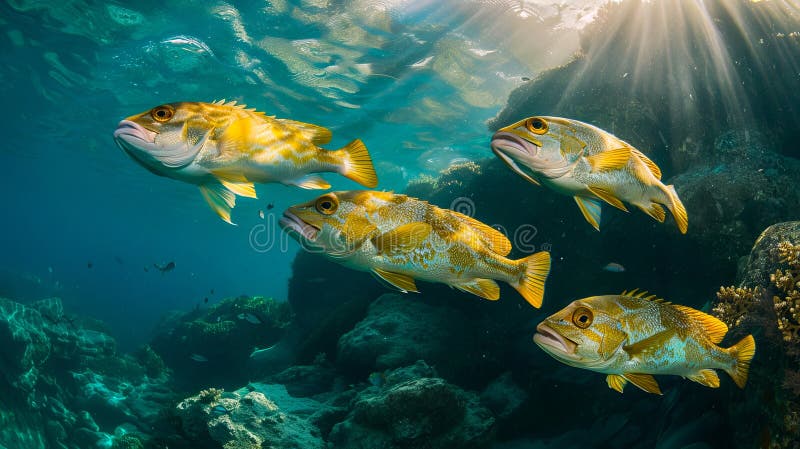 A Group of Yellow Fish Swimming in the Ocean Stock Photo - Image of ...