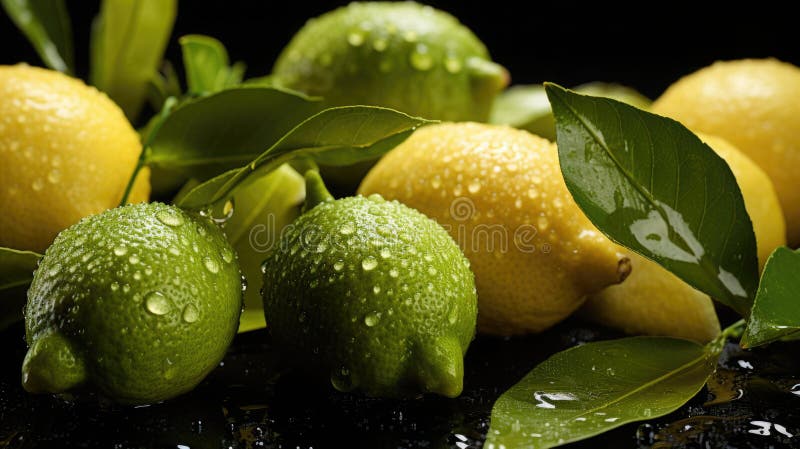 Group of Yellow and Green Lemons with Visible Water Drops. Close Up ...