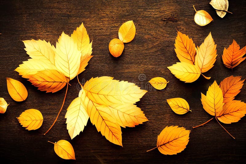 A Group of Yellow Leaves on a Wooden Table with a Few Leaves on it and ...