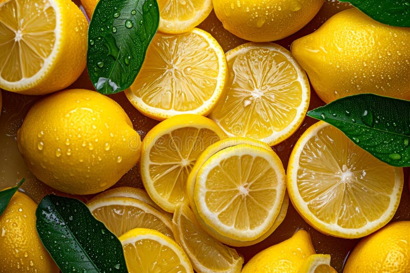 Group of Yellow Lemons with Green Leaves on Them. Generative AI Stock ...