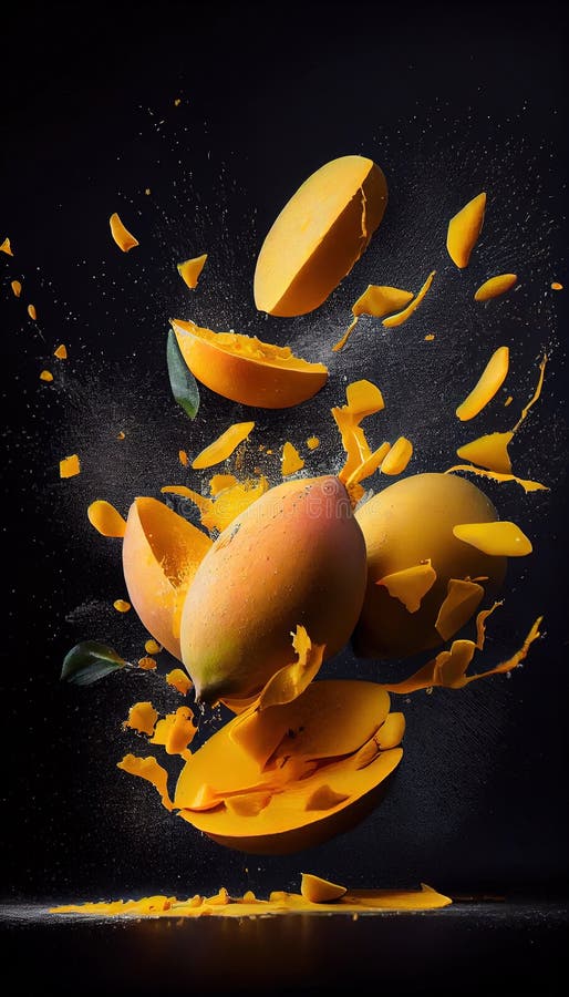 Group of Yellow Mangoes Creatively Falling-Dripping Flying or Splashing ...
