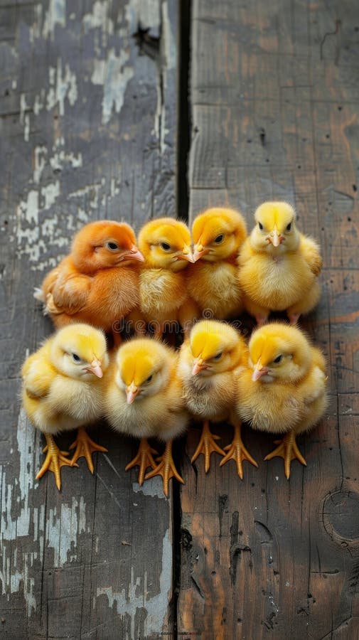 Group of Yellow and Orange Chicks on Wooden Surface, Rustic Farm Animal ...