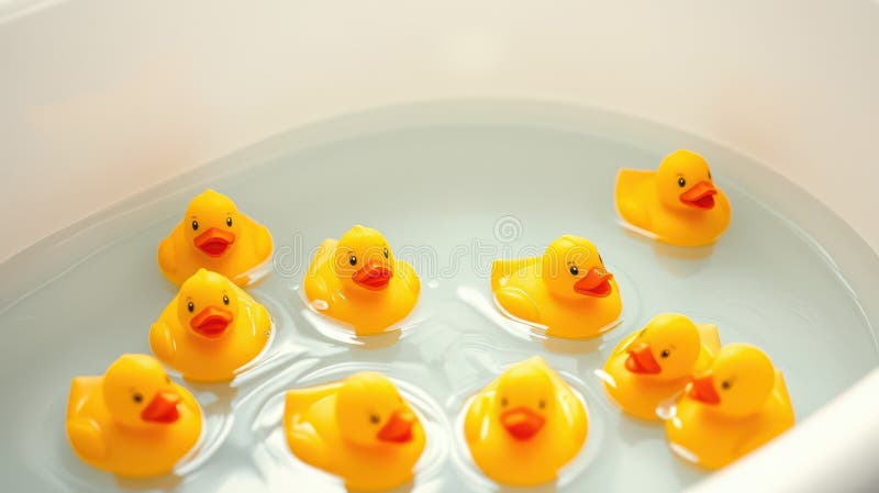 Group of Yellow Rubber Ducks Floating in a Bathtub Filled with Water ...
