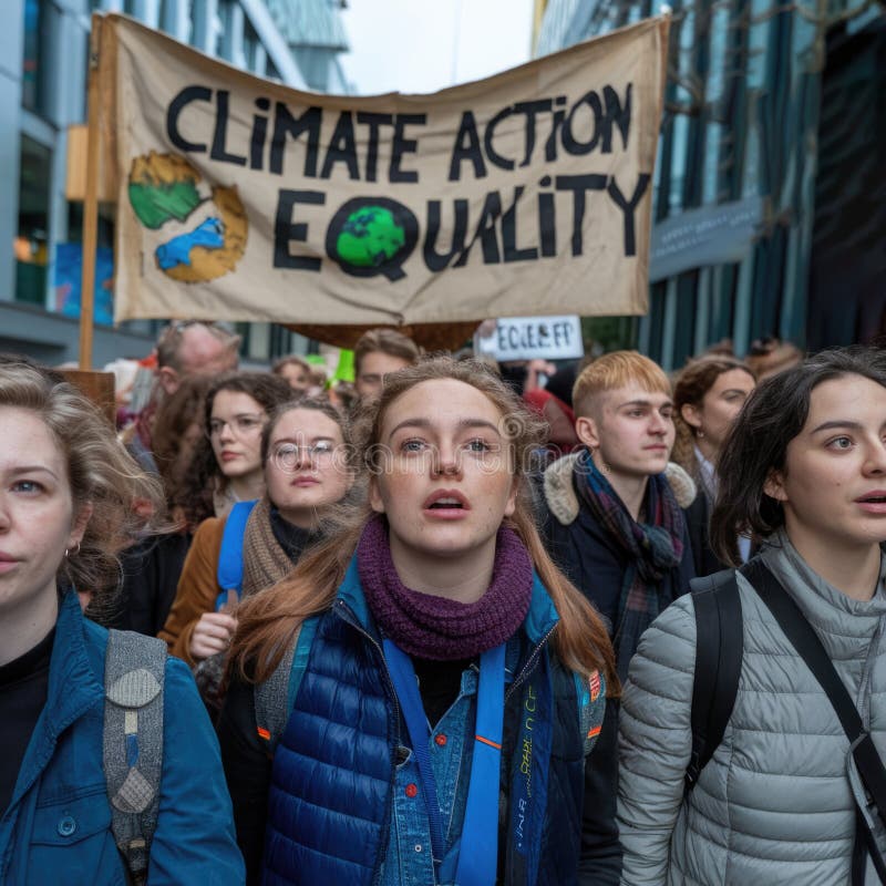 A Group of Young Activists Marching with Banners for Climate Action and ...