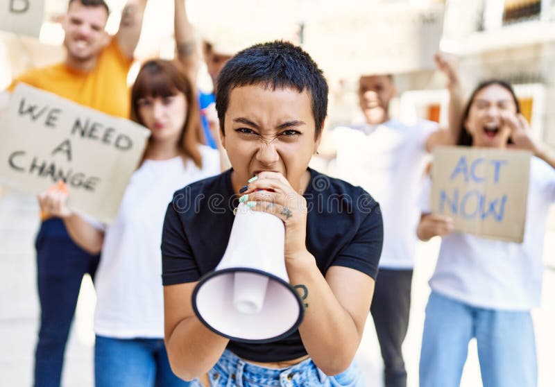 Group of Young Activists Protesting Holding Banner and Using Megaphone ...