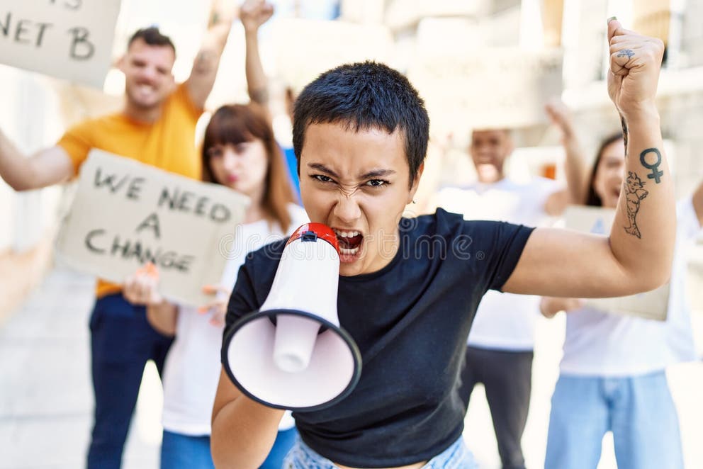 Group of Young Activists Protesting Holding Banner and Using Megaphone ...