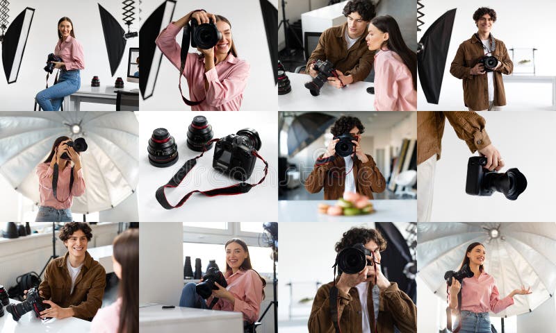 Group of Young Adults Posing with Cameras during Studio Session Stock ...