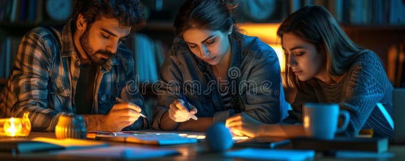Group of Young Adults Studying Together in a Cozy Library with Warm ...