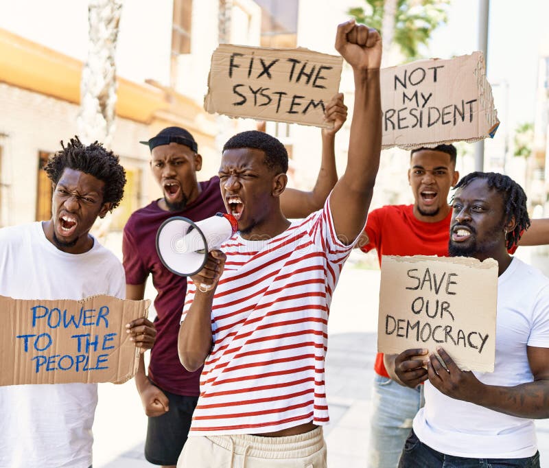 Group of Young African American Activists Protesting Holding Banner and ...