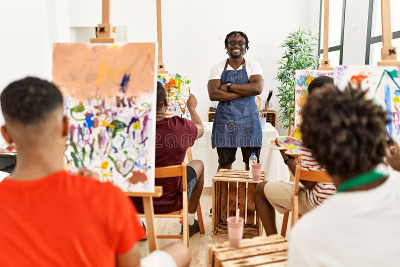 Group of Young African American Artist Students Drawing in Paint Class ...