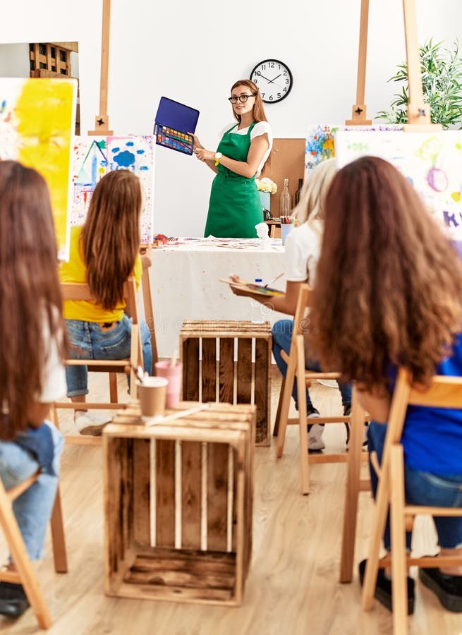 Group of Young Artist Girls Having Draw Lesson at Art Studio Stock ...