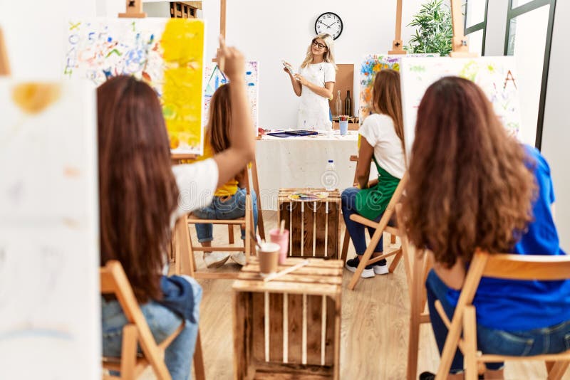 Group of Young Artist Girls Having Draw Lesson at Art Studio Stock ...