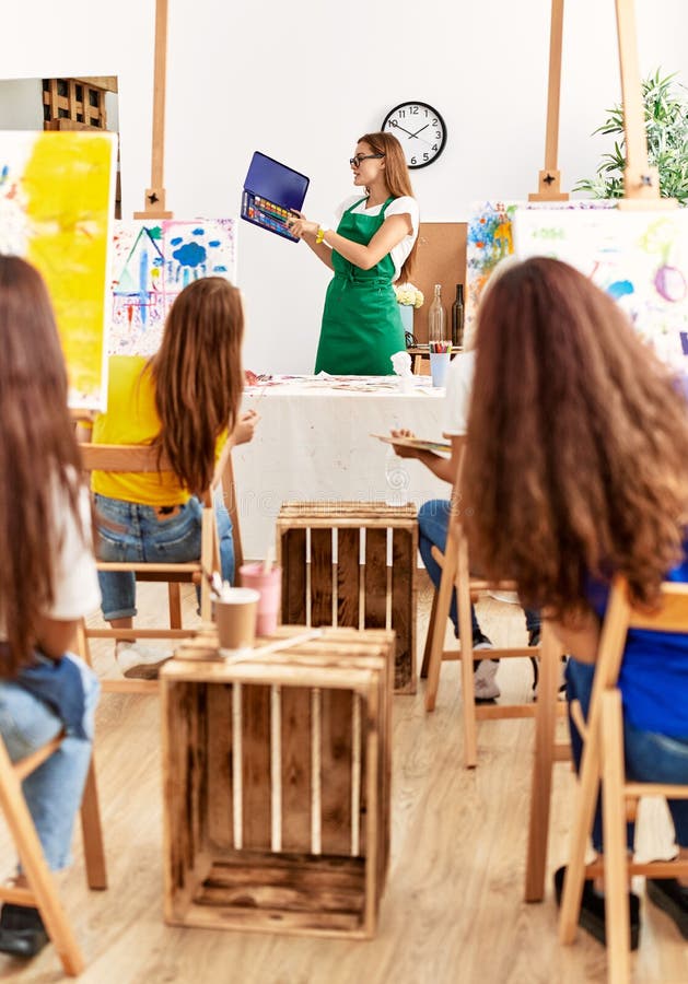 Group of Young Artist Girls Having Draw Lesson at Art Studio Stock ...