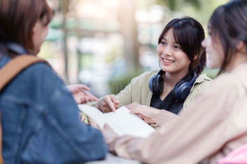 Group of Young Asian Student Walking and Talking at University before Class Room. Education ...