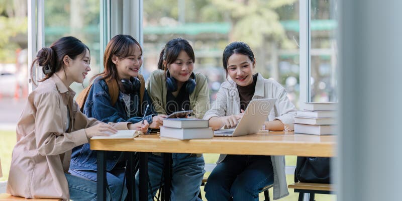 Group of Young Asian College Students Sitting on a Bench in a Campus ...