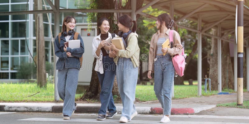 Group of Young Asian Student Walking and Talking at University before ...