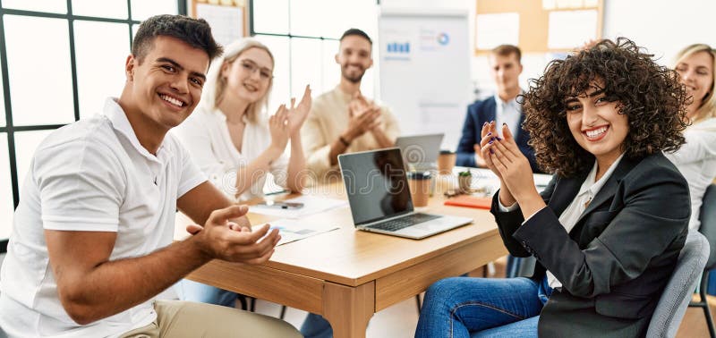 Group of Young Business Workers Clapping and Looking To the Camera at ...