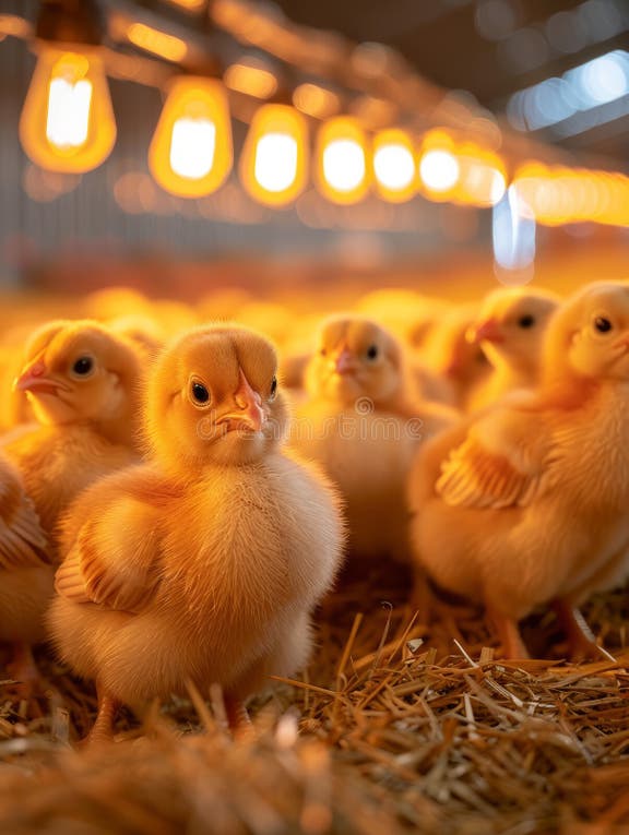 Group of Young Chicks Under Warm Lighting in a Barn. Stock Image ...