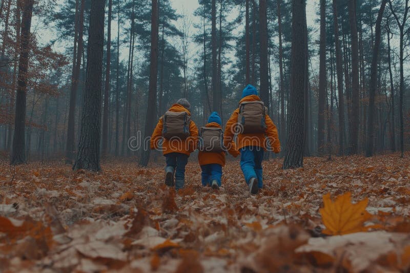 A Group of Young Children Scampering Along a Path in the Autumn Forest ...