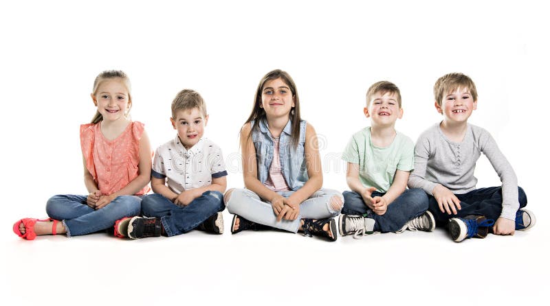 Group of Five Young Children in Studio Stock Image - Image of clothing ...