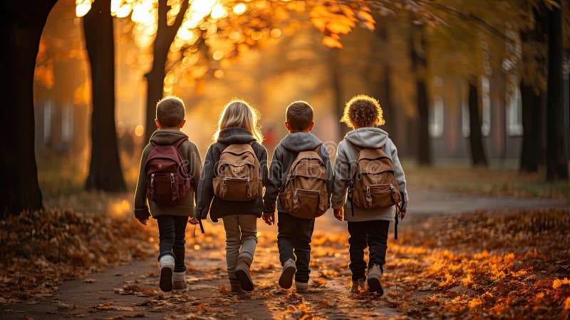 Group of Young Children Walking To School in the Autumn Stock Image ...